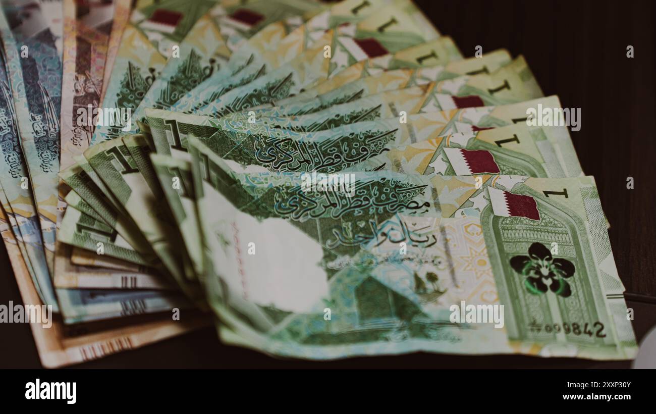 Qatari one riyal banknote closeup macro fragment, Qatar money close up ...