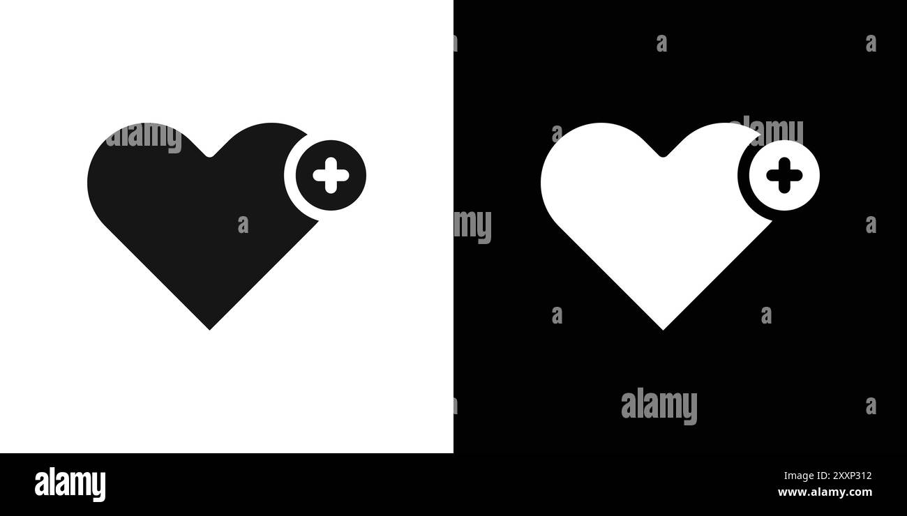 Heart plus icon Black line art vector in black and white outline set ...