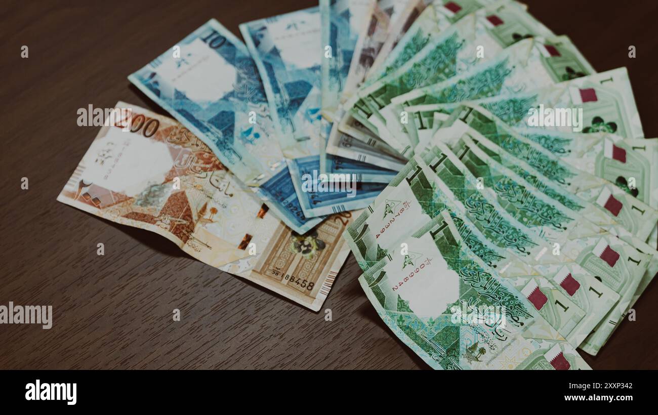 Qatari one riyal banknote closeup macro fragment, Qatar money close up ...