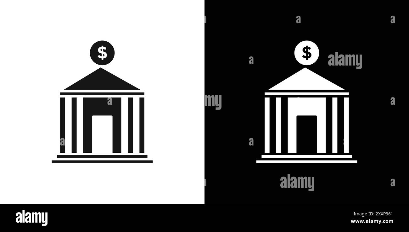 Bank Icon Black Line Art Vector In Black And White Outline Set Collection Sign Stock Vector