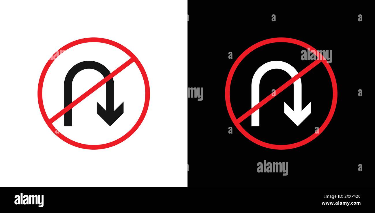 No U turn sign icon Black line art vector in black and white outline set collection sign Stock ...