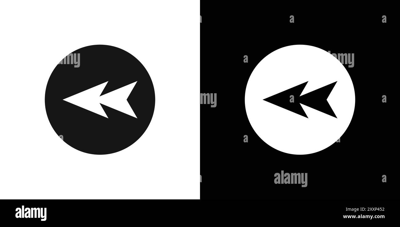 Rewind Previous Back arrow icon Black line art vector in black and white outline set collection ...