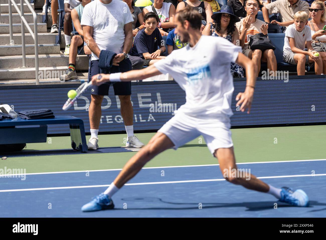 New York, USA. 24th Aug, 2024. Young fan watches as Daniil Medvedev ...