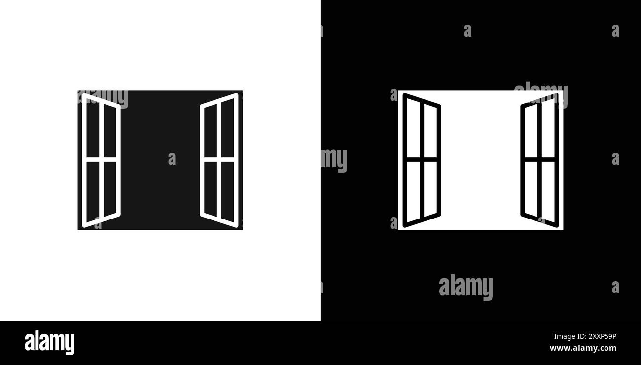 Open windows icon Black line art vector in black and white outline set ...