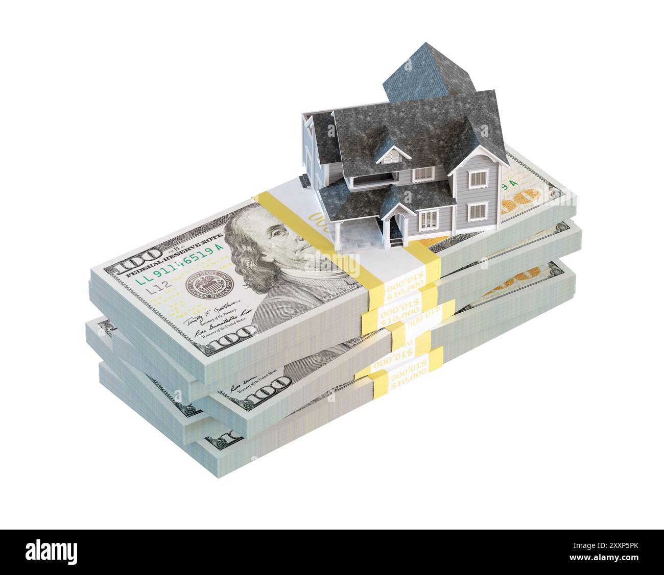 Miniature House Resting on Stack of Thousands of Dollars Cash Isolated ...