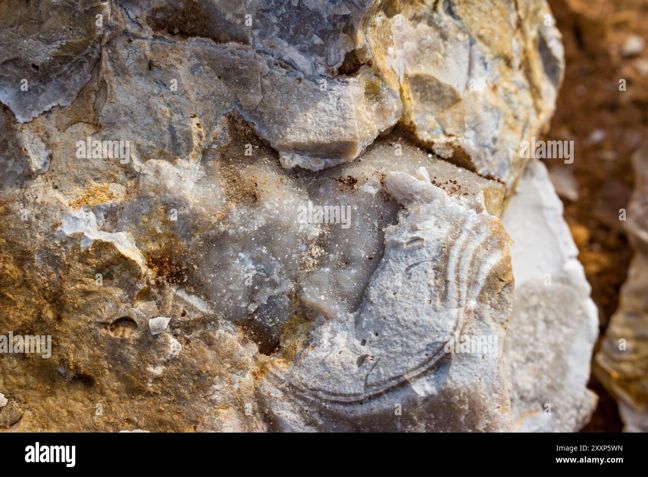Fractured flint boulder with a brush of fine-crystalline quartz inside ...
