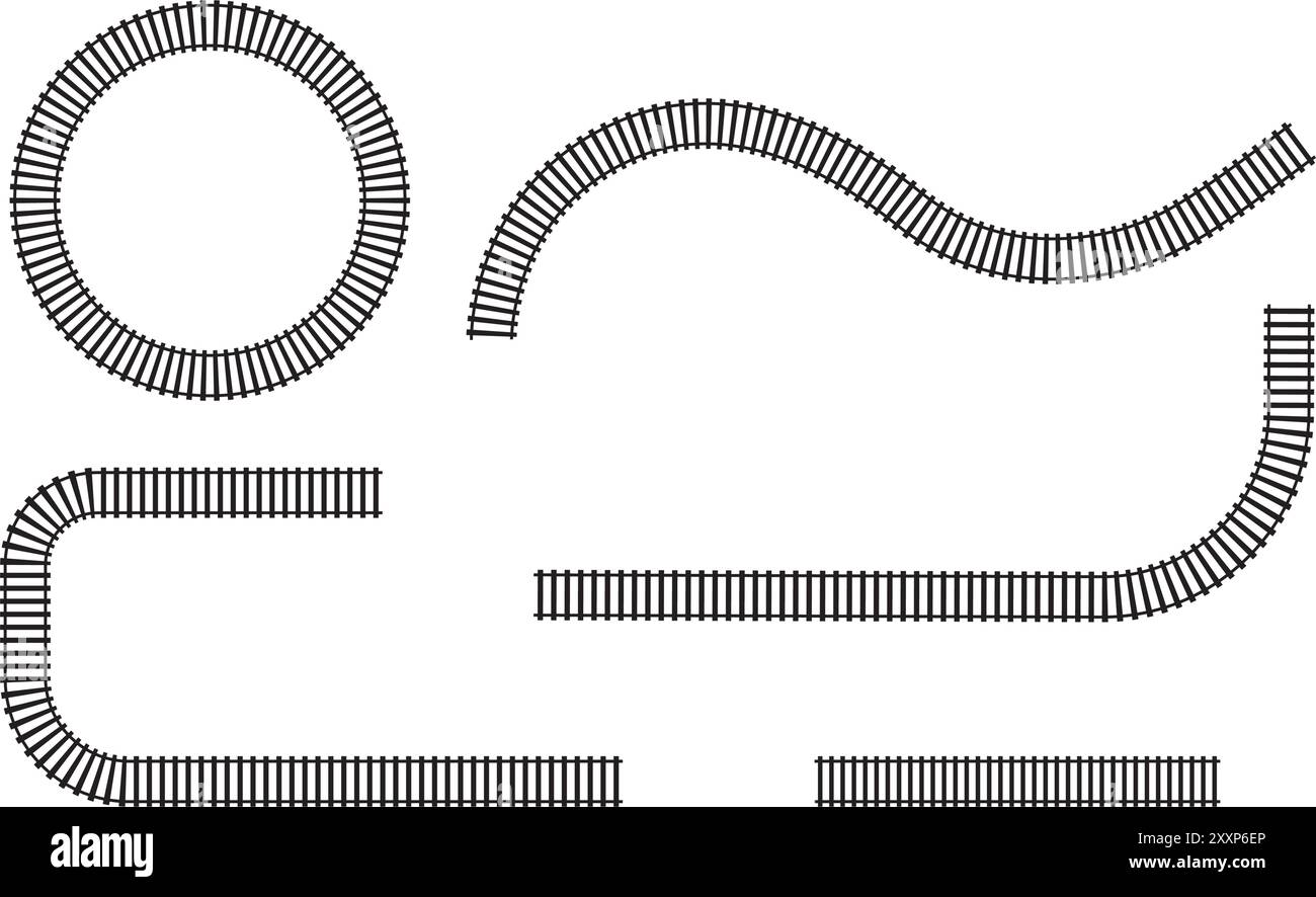 Set of railroad parts. Rail road elements in top aerial view. Train track straight and curvy ...