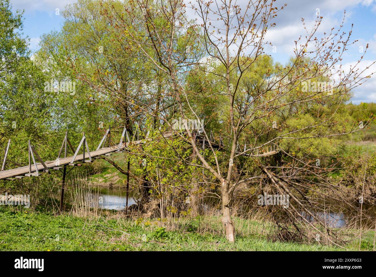 Suspension pedestrian bridge spanning a river in the countryside Stock ...