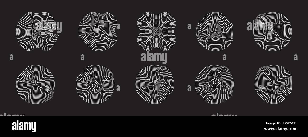 White wavy concentric circles on black background. Pulse, sound or ...