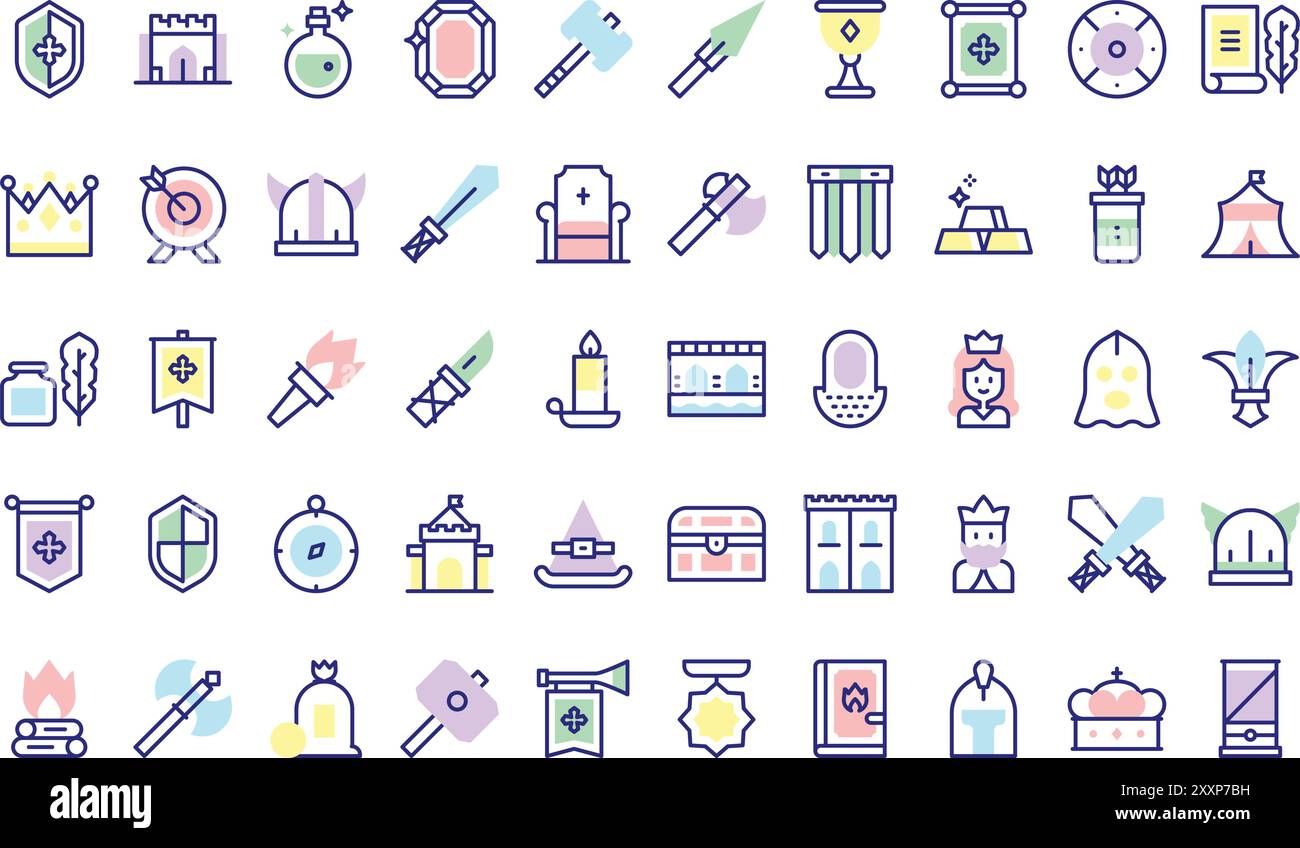 Medieval icons collection is a vector illustration with editable stroke ...