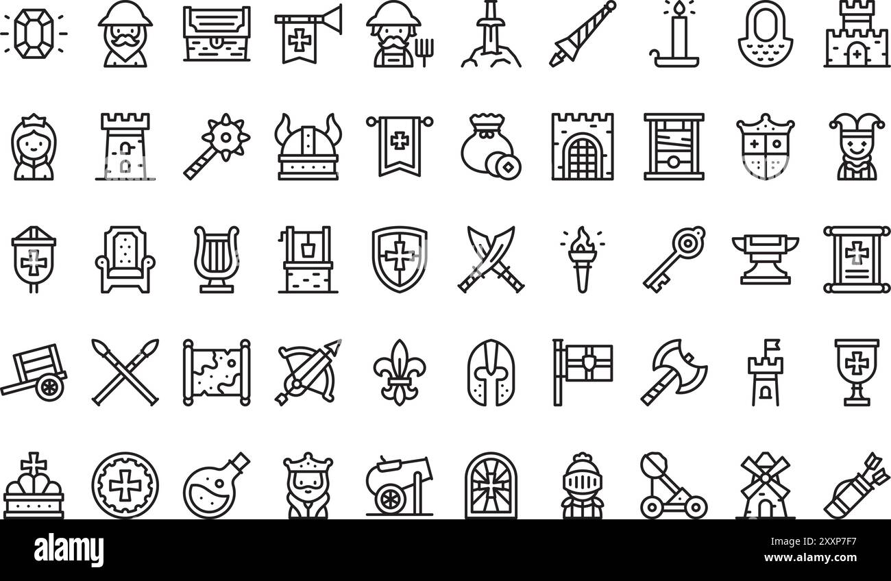 Medieval icons collection is a vector illustration with editable stroke ...