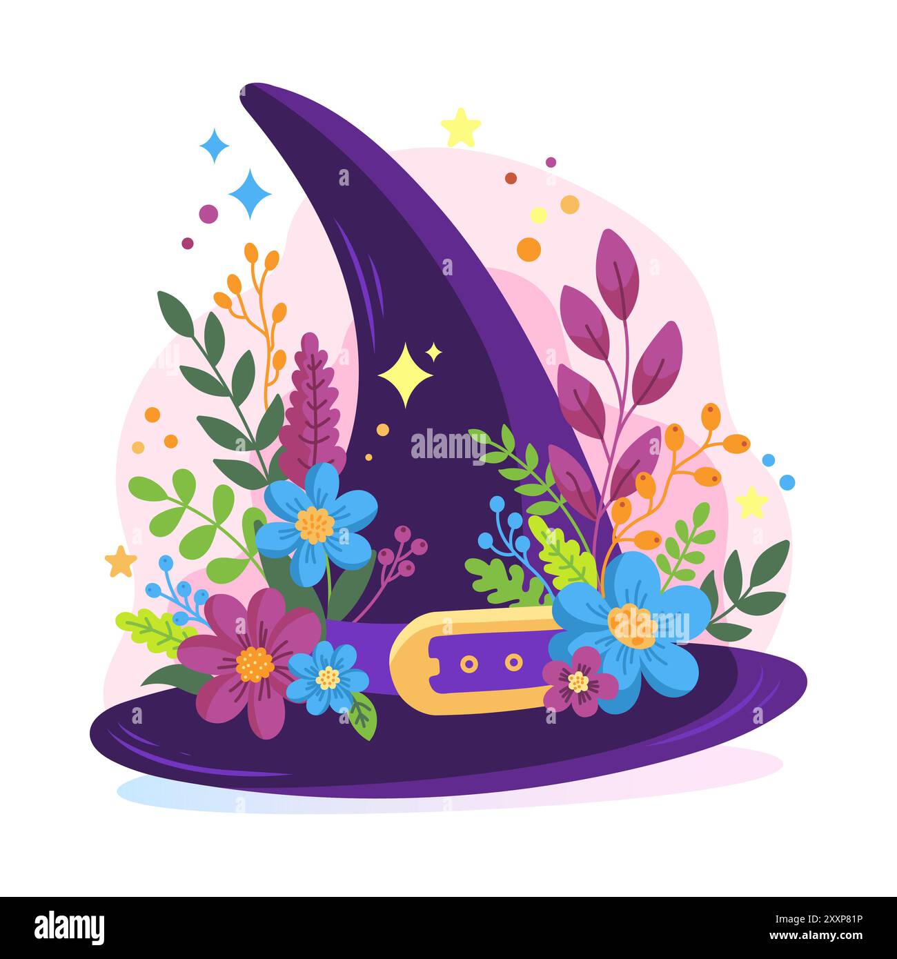 Vibrant vector illustration of a witch's hat with colorful flowers and ...