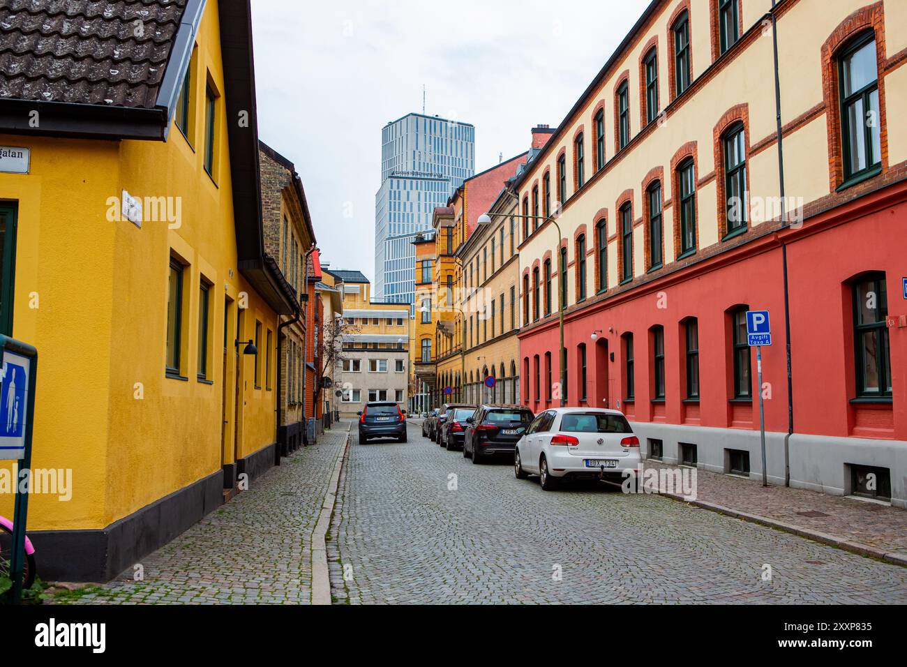 Colorful houses on Gamla Vaster area with view over Malmo Live, Malmo ...