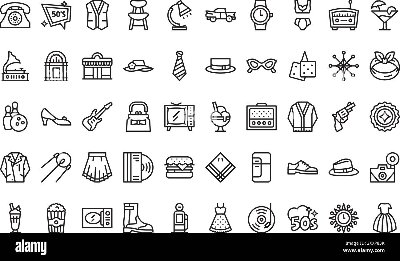 Fifties icons collection is a vector illustration with editable stroke ...