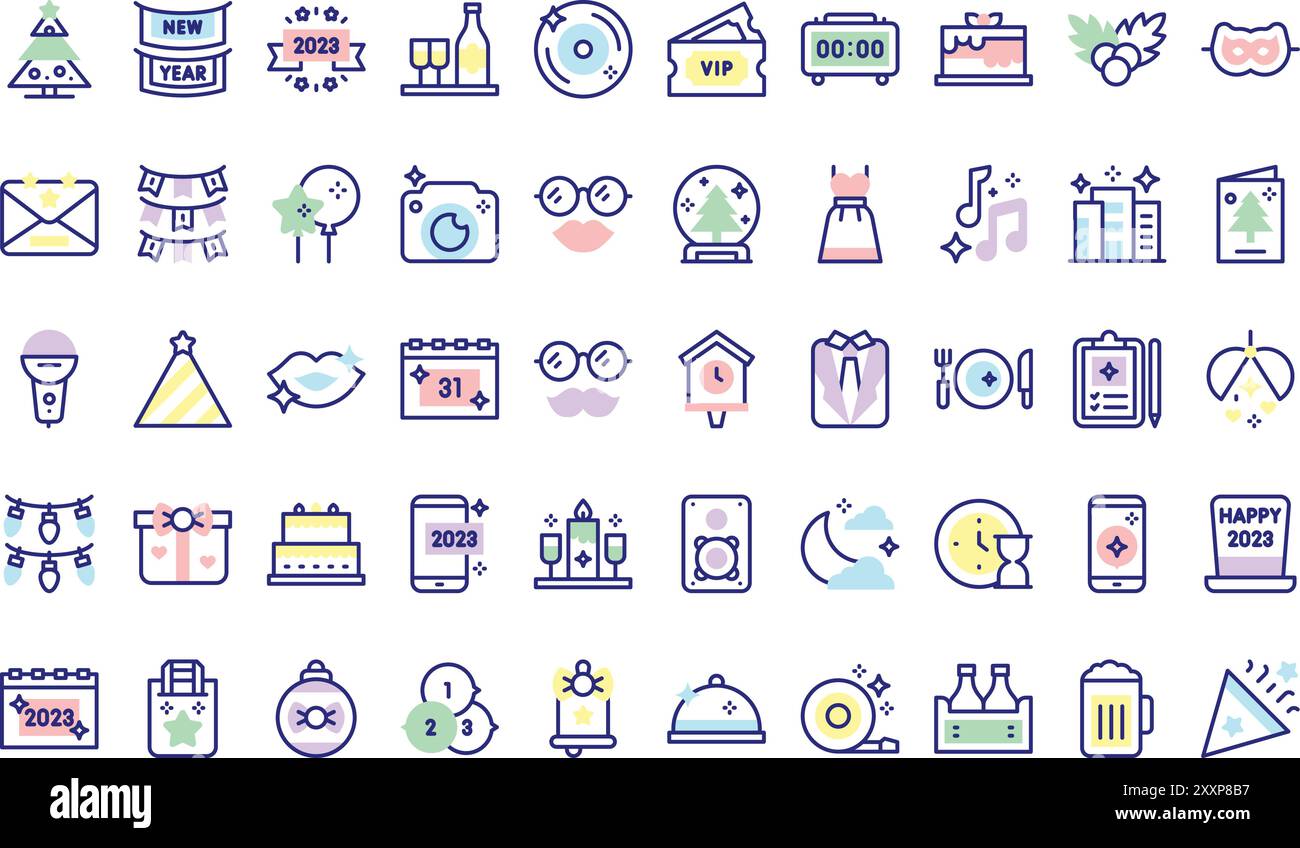 New year icons collection is a vector illustration with editable stroke ...