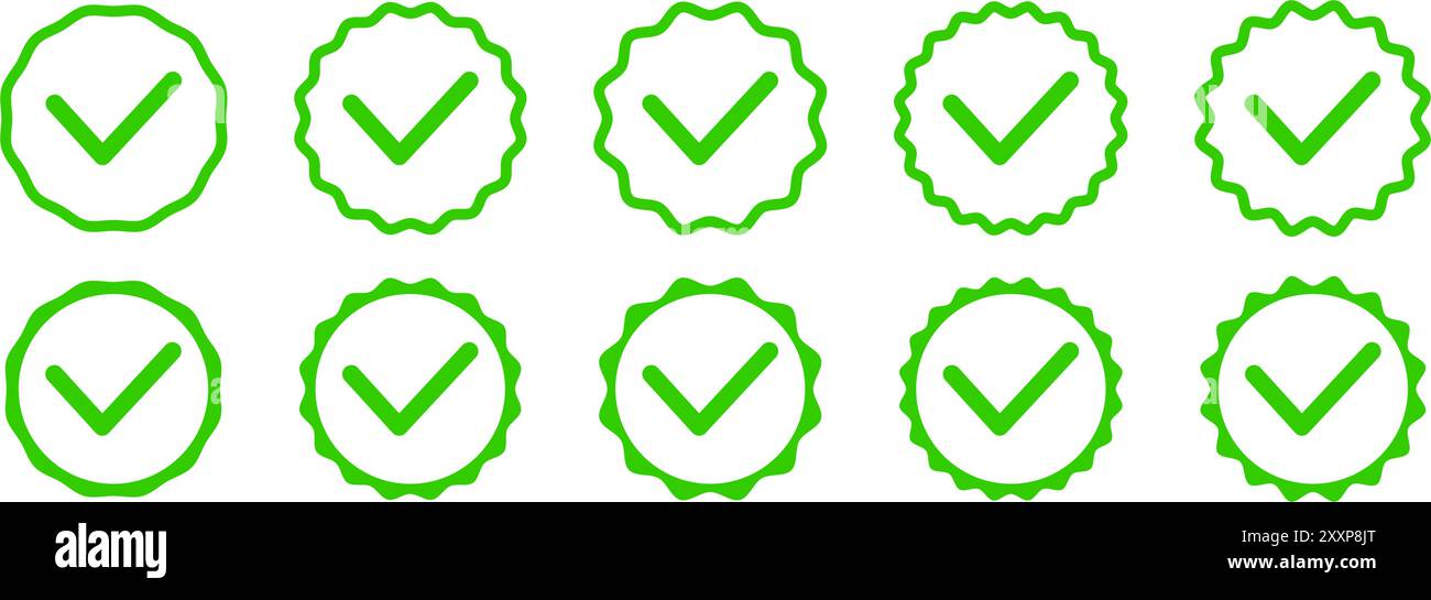 Set Of Tick Icons Green Checkmark Signs In Round Wavy Shapes Yes Ok Or Done Buttons Best