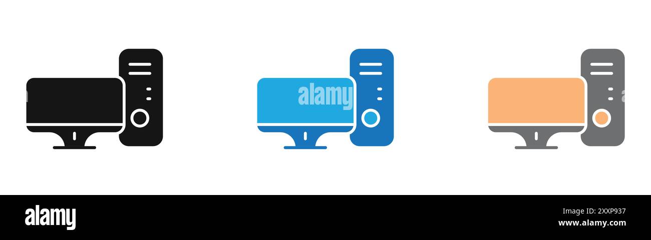 Desktop computer icon outline collection or set in black and white ...