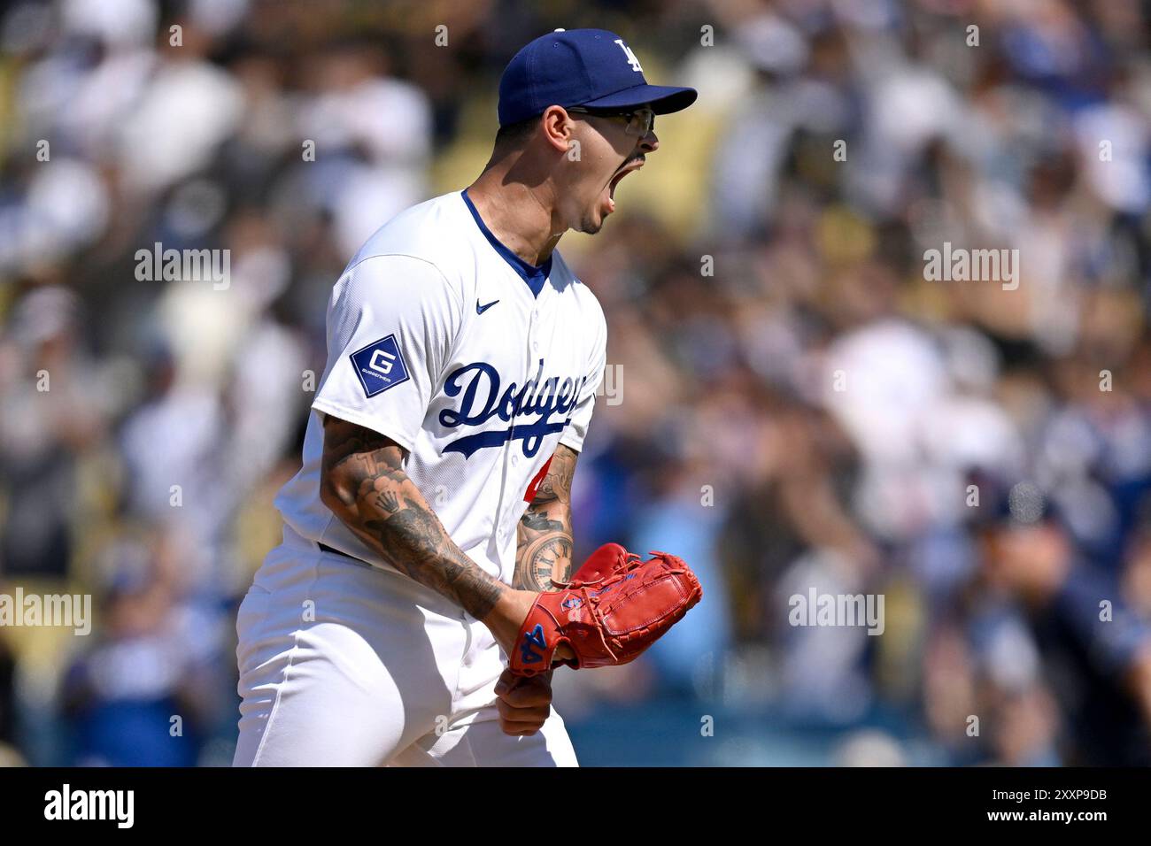 Anthony Banda #43 of the Los Angeles Dodgers reacts to striking out ...