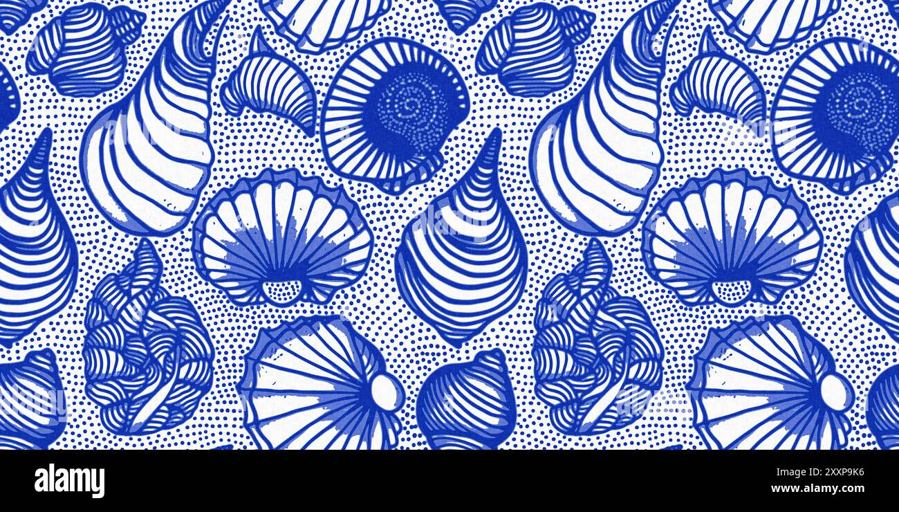 Azure blue white shell motif with linen seamless batik border ...