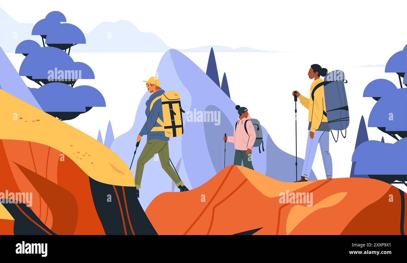 Hikers trekking mountains outdoor adventure scenic nature colorful ...
