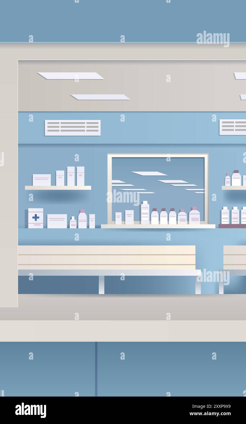 Pharmacy interior with shelves and medicine bottles paper cut style ...