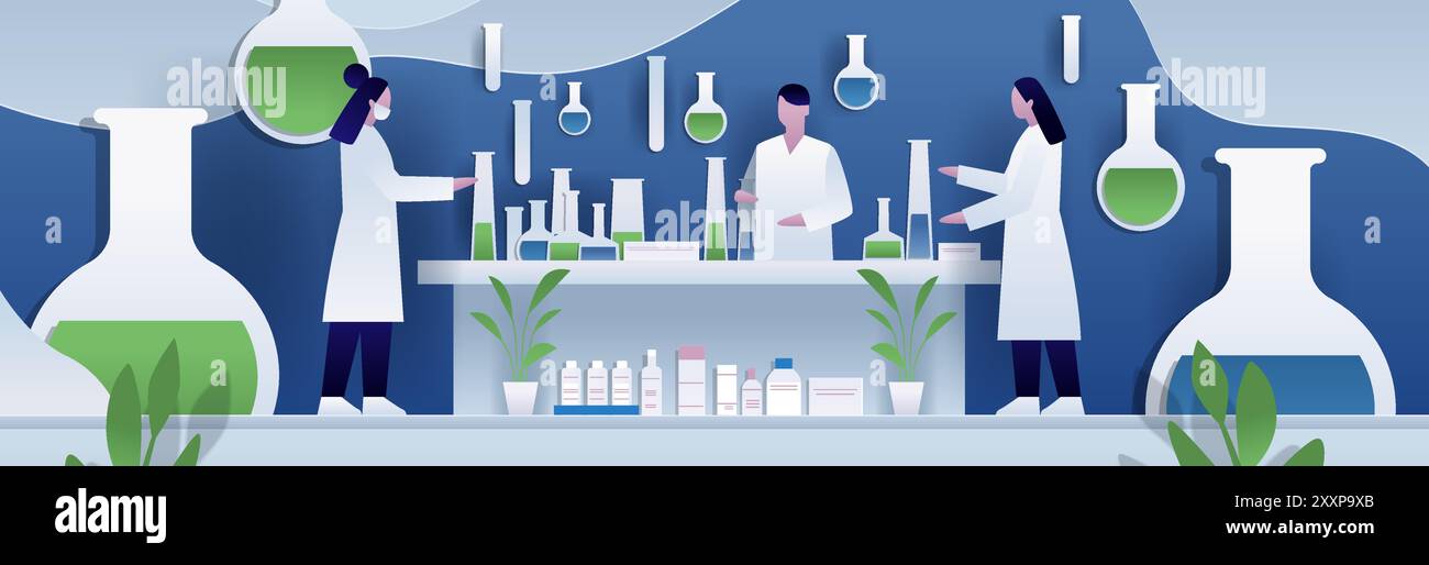 Laboratory scientists conducting experiments with flasks and test tubes ...