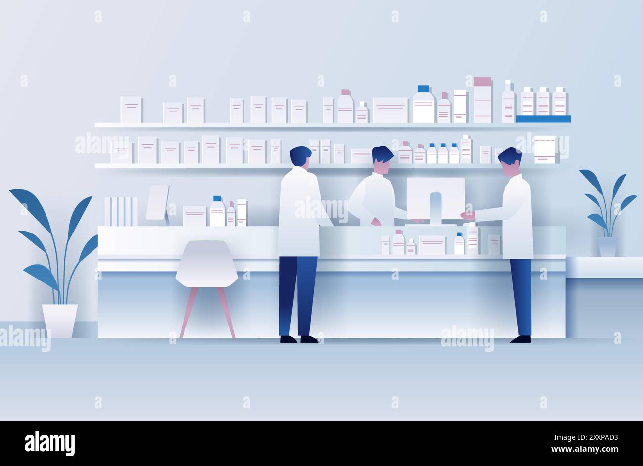 Pharmacy interior with pharmacists working in a modern clean pharmacy ...