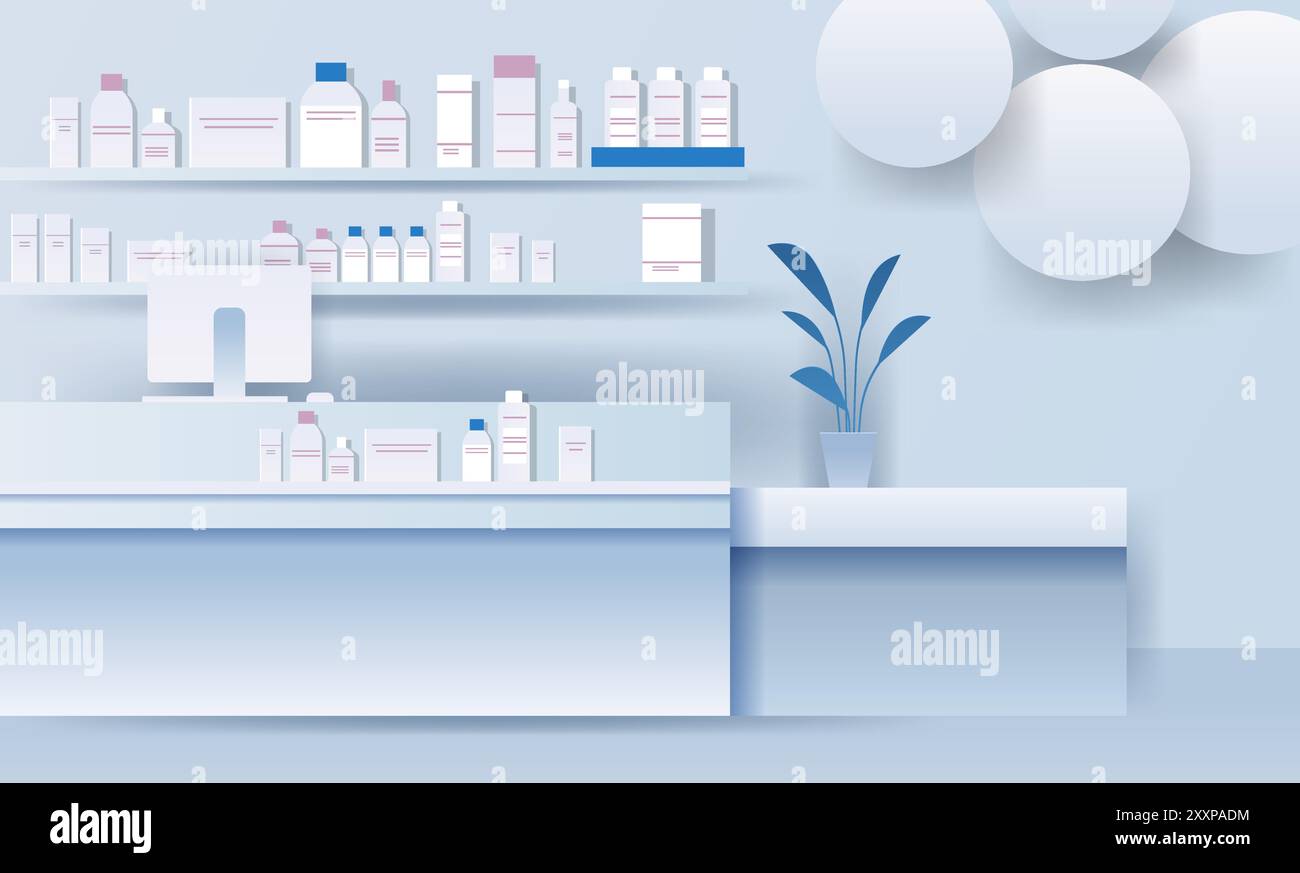 Pharmacy counter with shelves of medicine bottles and boxes computer ...