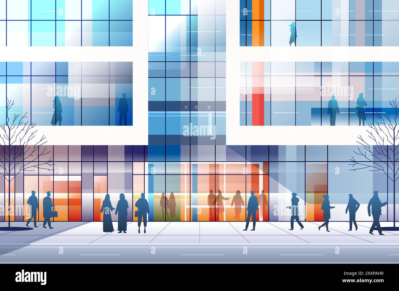 Modern city street scene with people walking in front of a glass ...