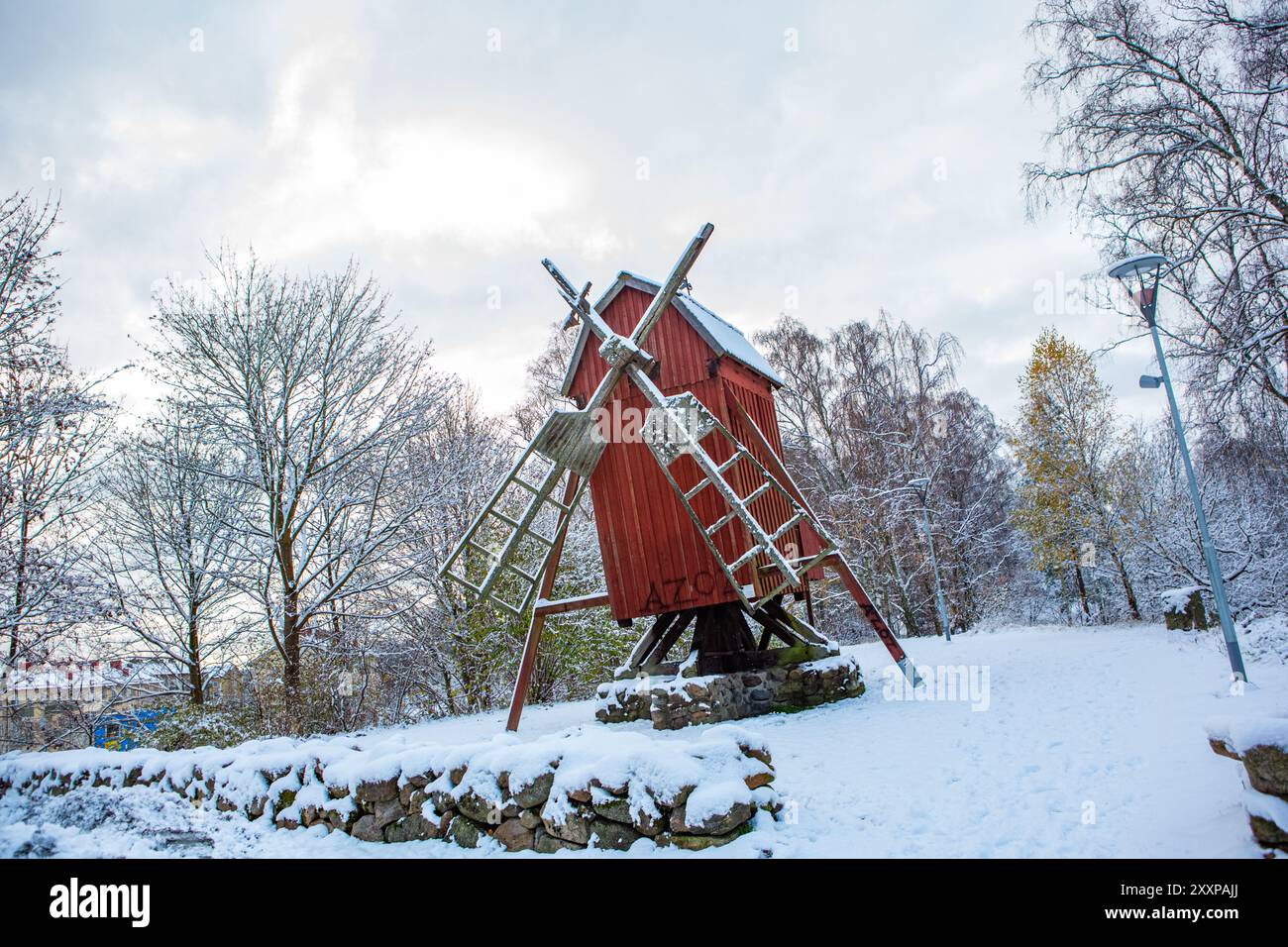 Old windmill in wintry Hembygdsparken park in Hassleholm, Sweden Stock ...