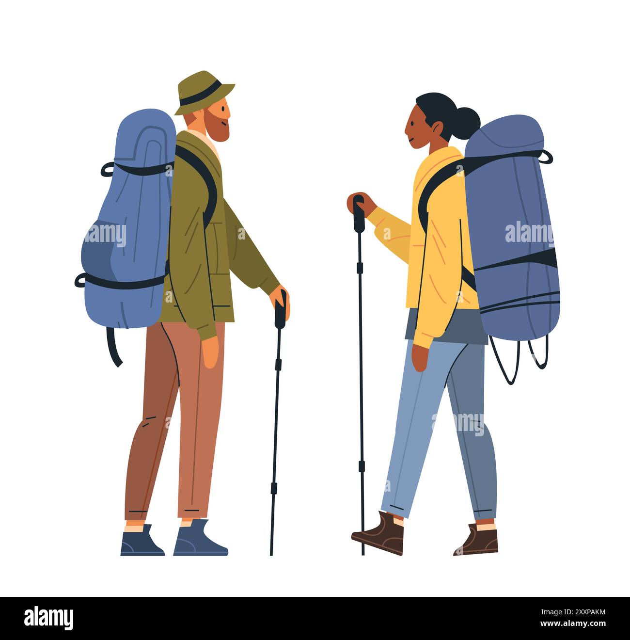 Hikers with backpacks trekking outdoor adventure two people with ...
