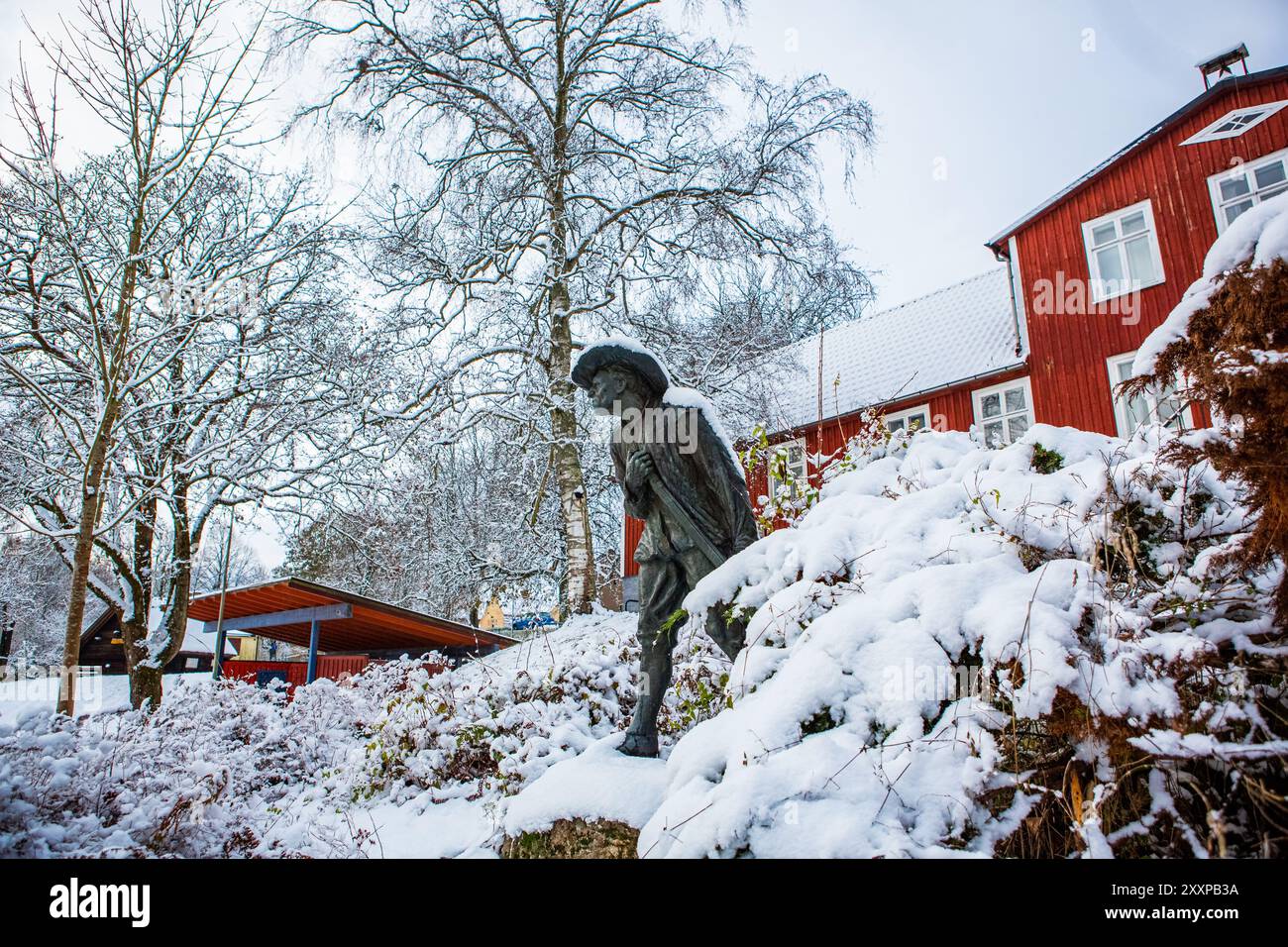 Snapphanen statue in Hembygdsparken park in wintry Hassleholm, Sweden ...