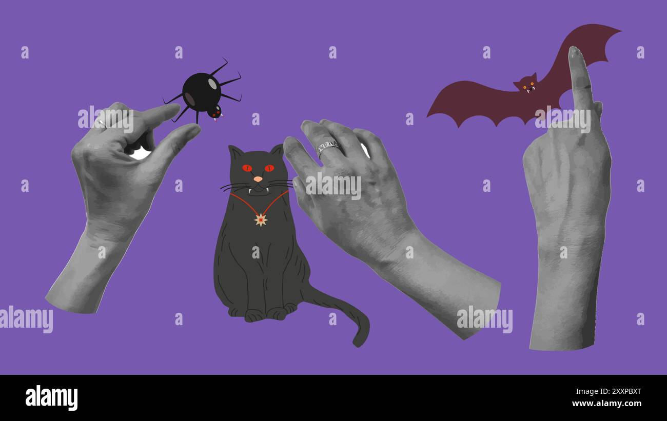 Halloween halftone collage set hands. Cut paper. Hand gestures. Creepy ...
