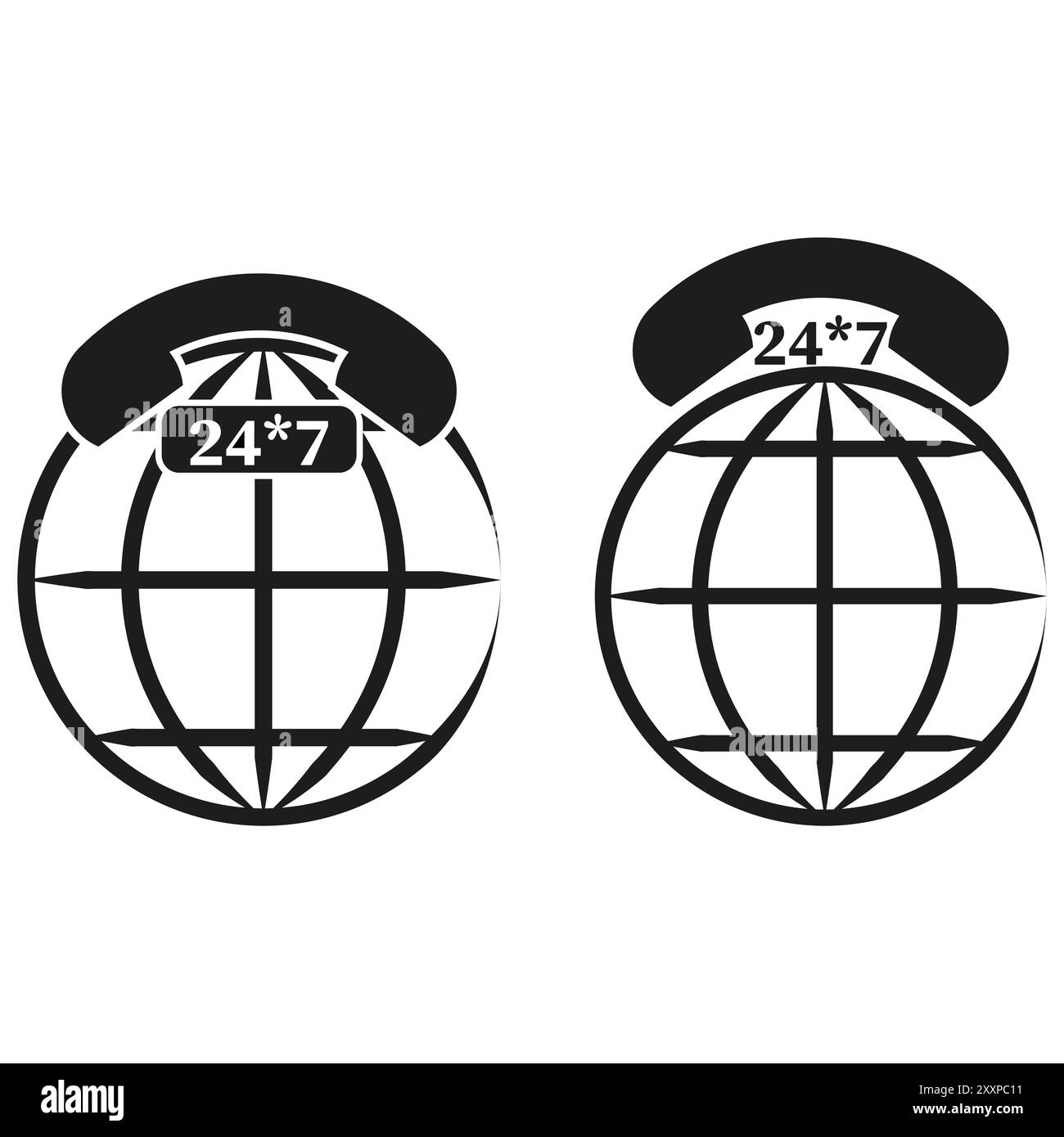 24 7 global service icons. Telephone and globe design. Black and white ...