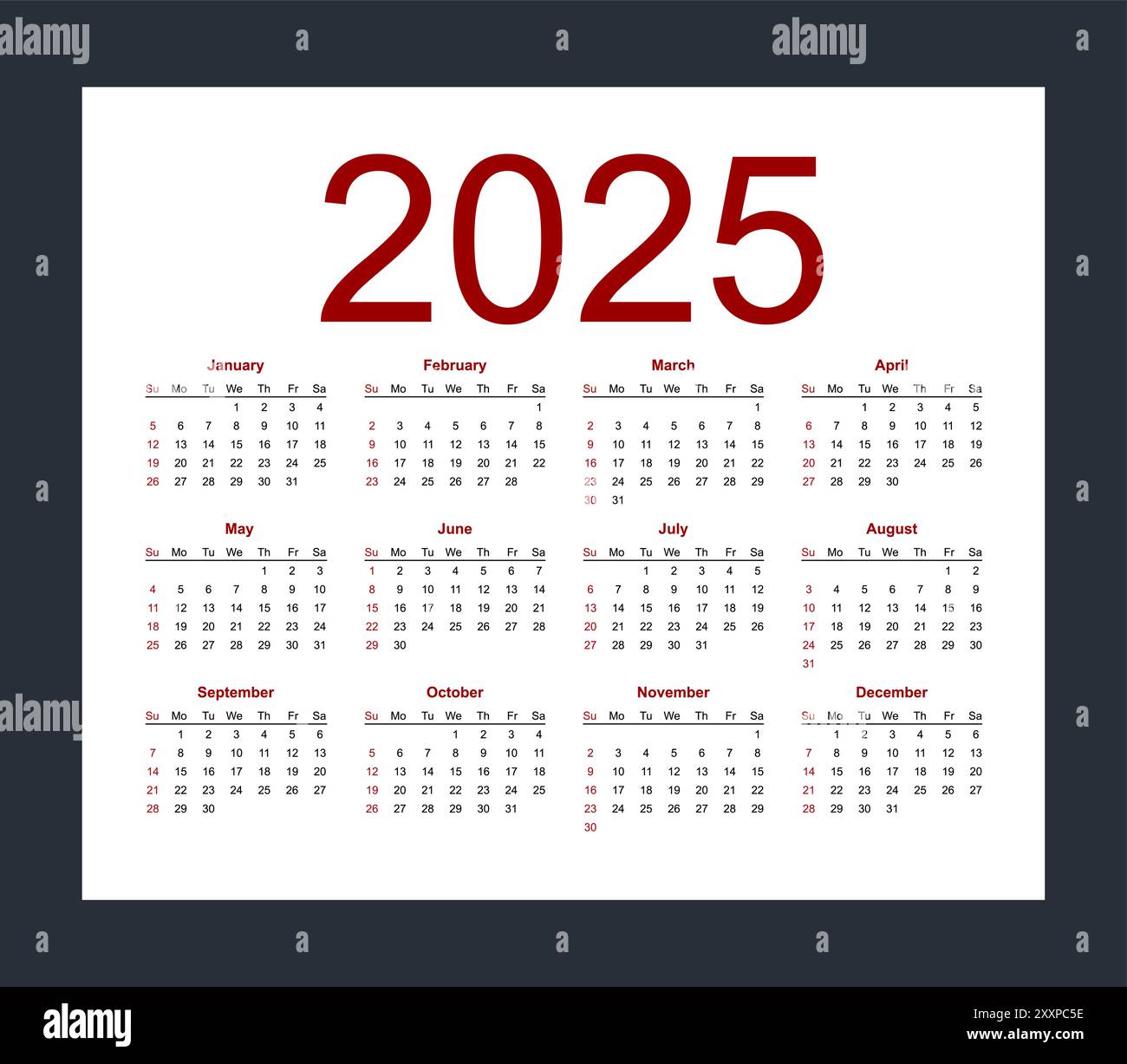 Calendar template for 2025 year. Week starts from Sunday. Isolated ...