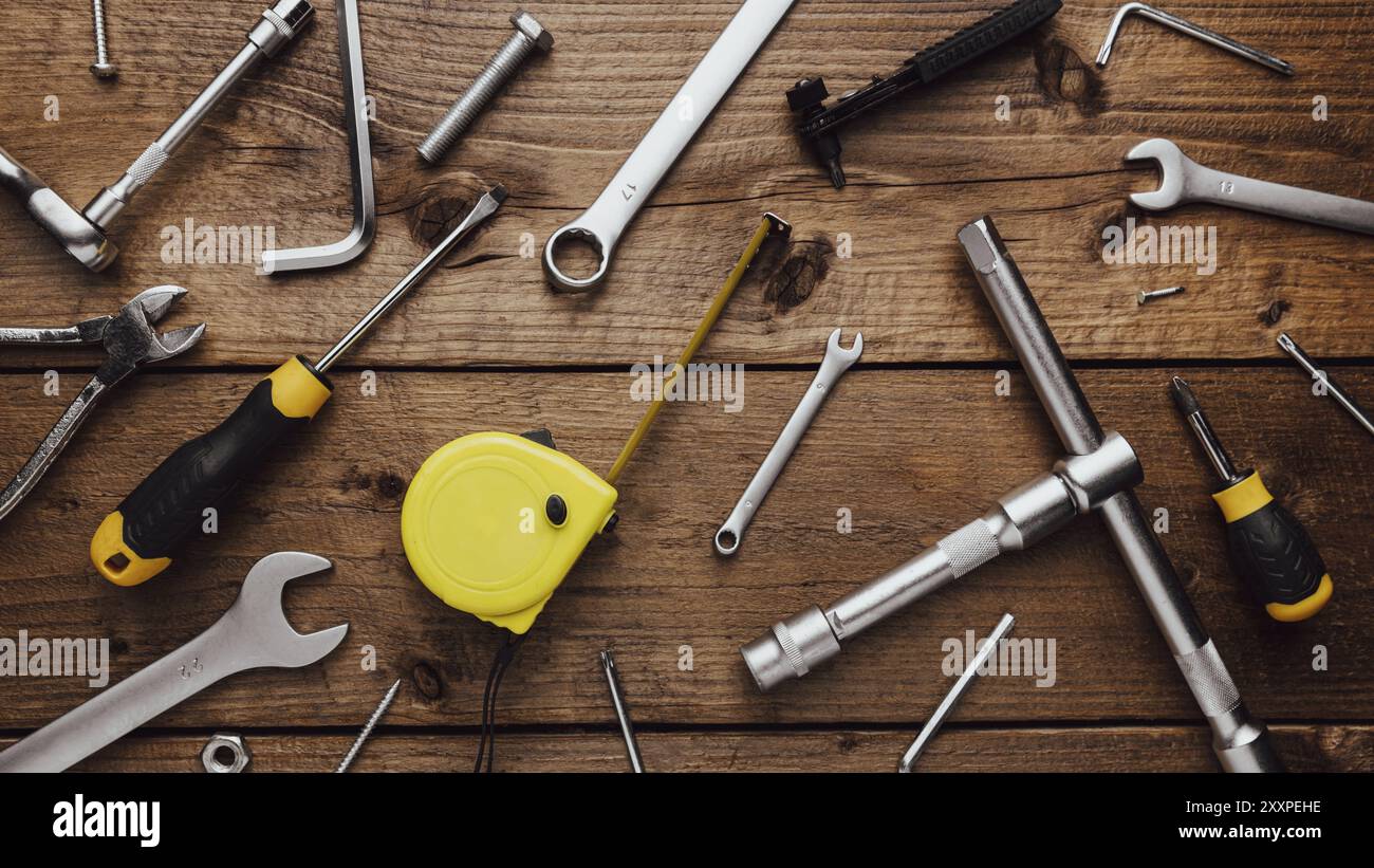 Flat lay with DYI composition of various work, carpentry tools knolled ...