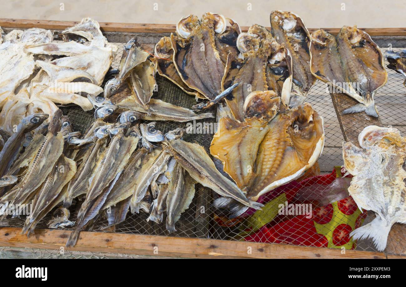 A net of dried fish of different species at the beach market, fish ...