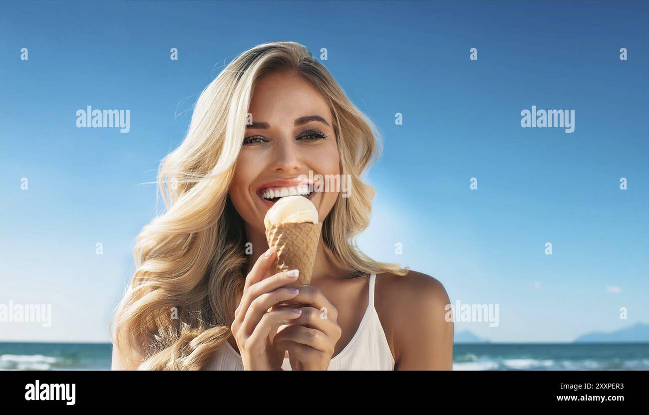 A blonde woman enjoys eating an ice cream in a cone Stock Photo - Alamy