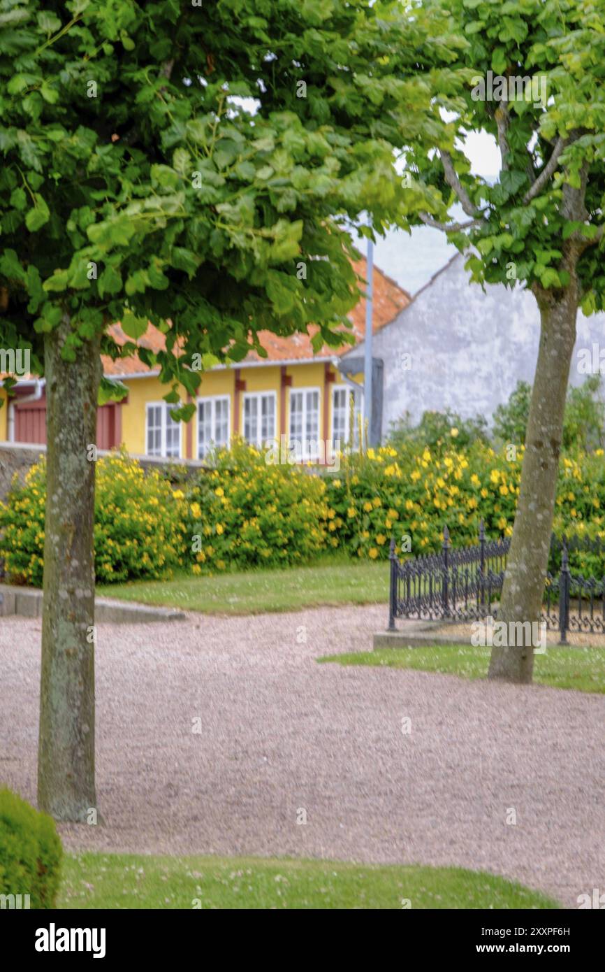 Garden path between trees leads to a house with yellow and red accents ...