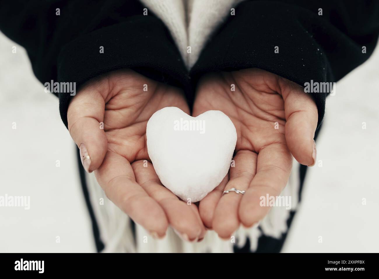 Snow heart snowball in girl gloved hands. Blurred background Stock ...