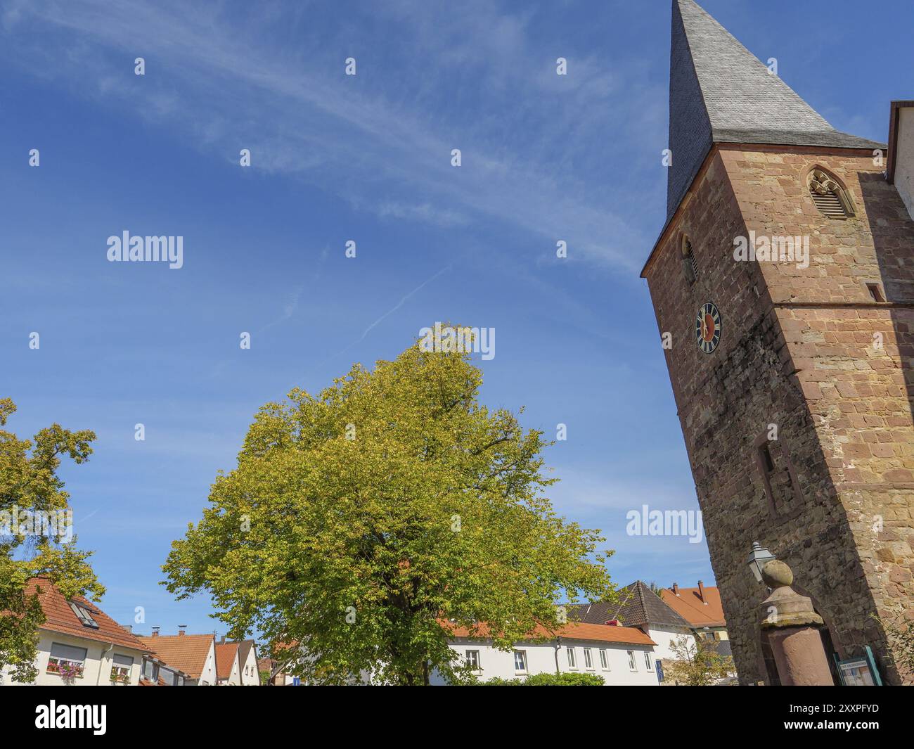 Historic church tower with a clock and blossoming trees under a bright ...