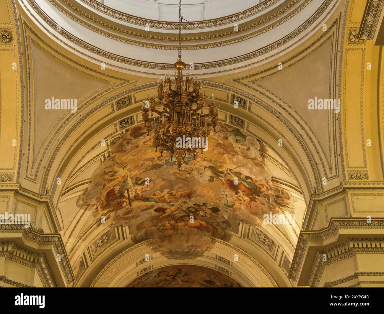Magnificent baroque church painting on a vaulted ceiling with a hanging ...