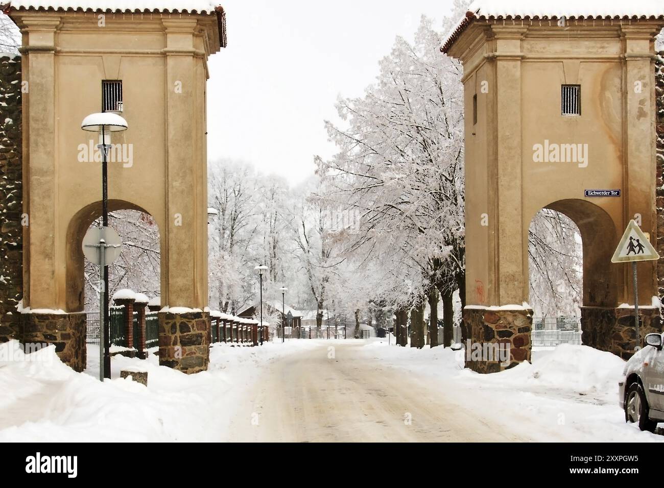 Town wall with town gate in the old town centre of Templin, Uckermark ...