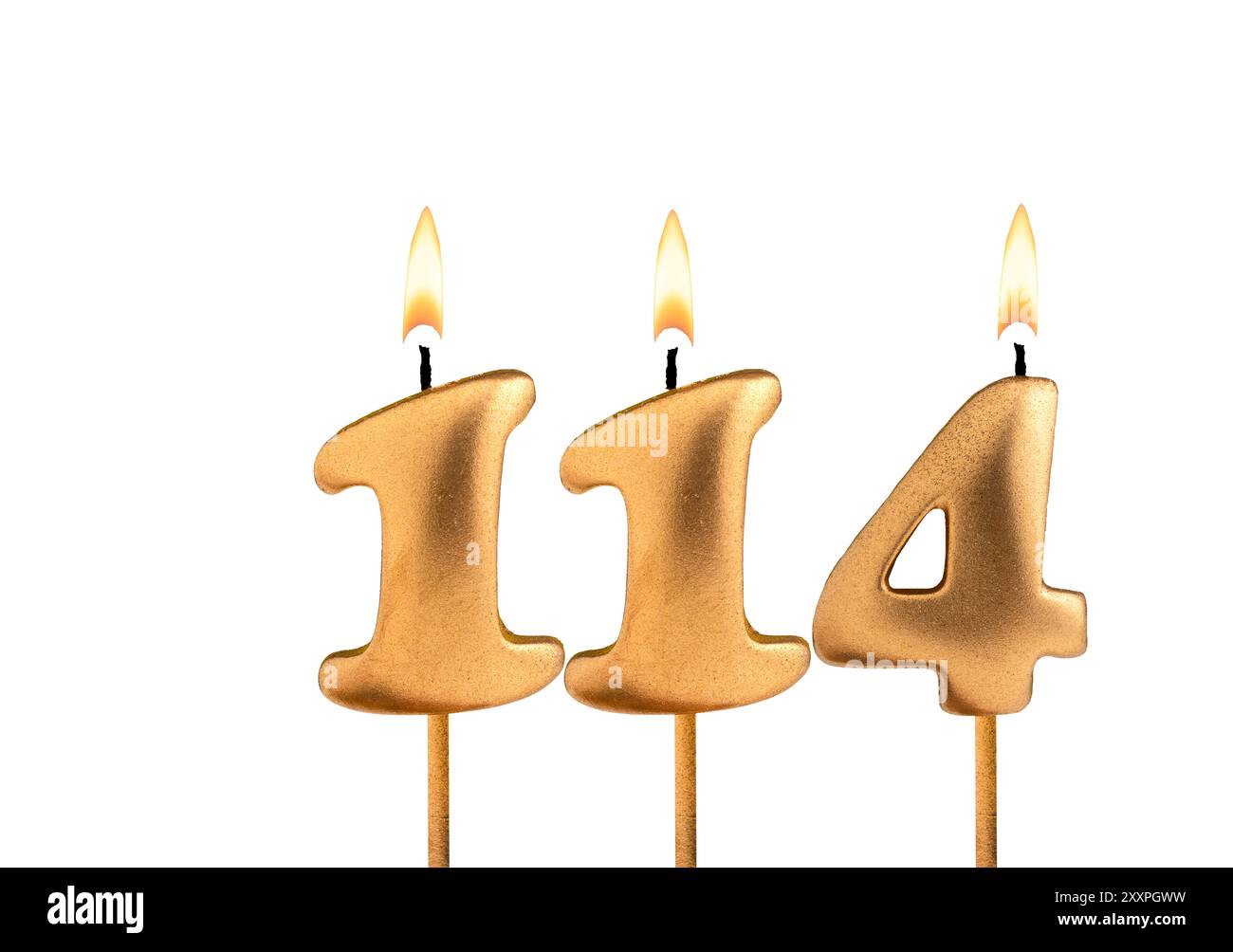 Birthday number 114 - Golden candle on white background Stock Photo - Alamy