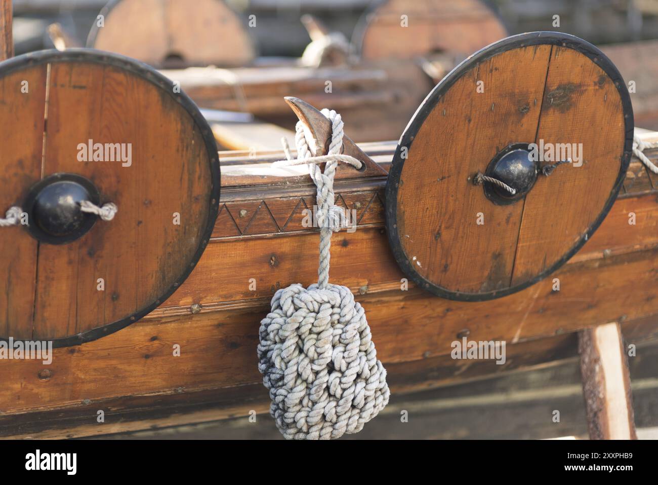 Rope fender and shields on a viking ship replica Stock Photo - Alamy