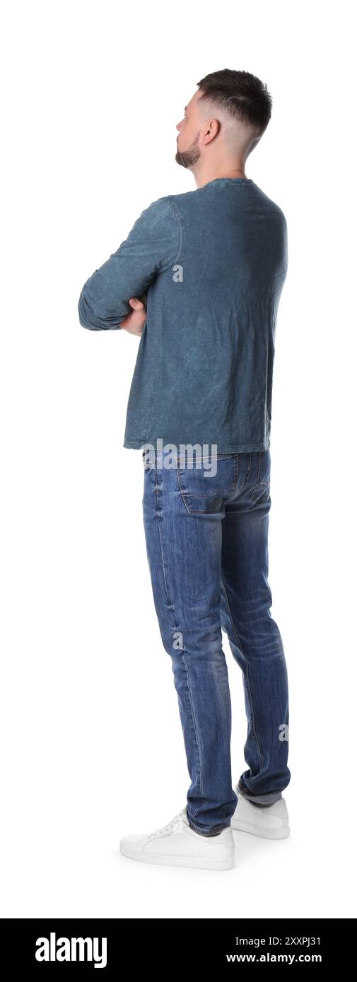 Man standing in queue on white background Stock Photo - Alamy