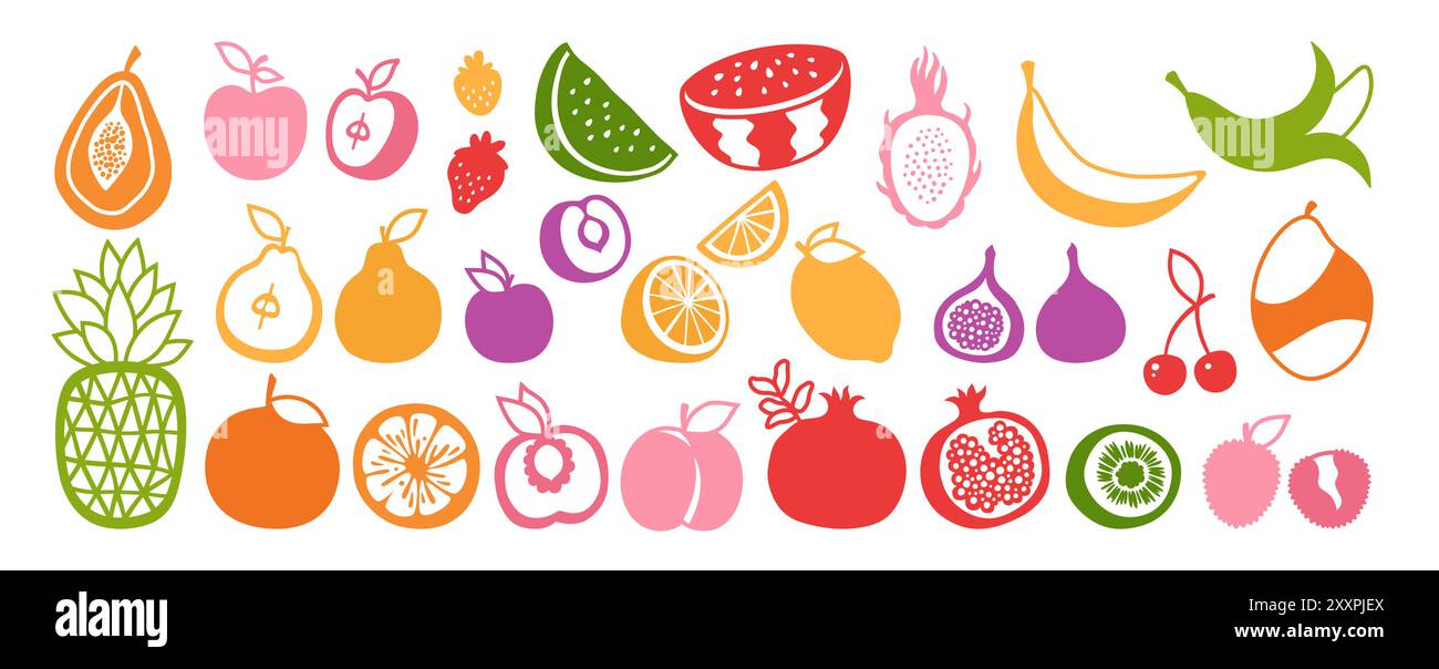 Fruits or berries symbol cartoon set. Sliced lemon orange apple pear ...
