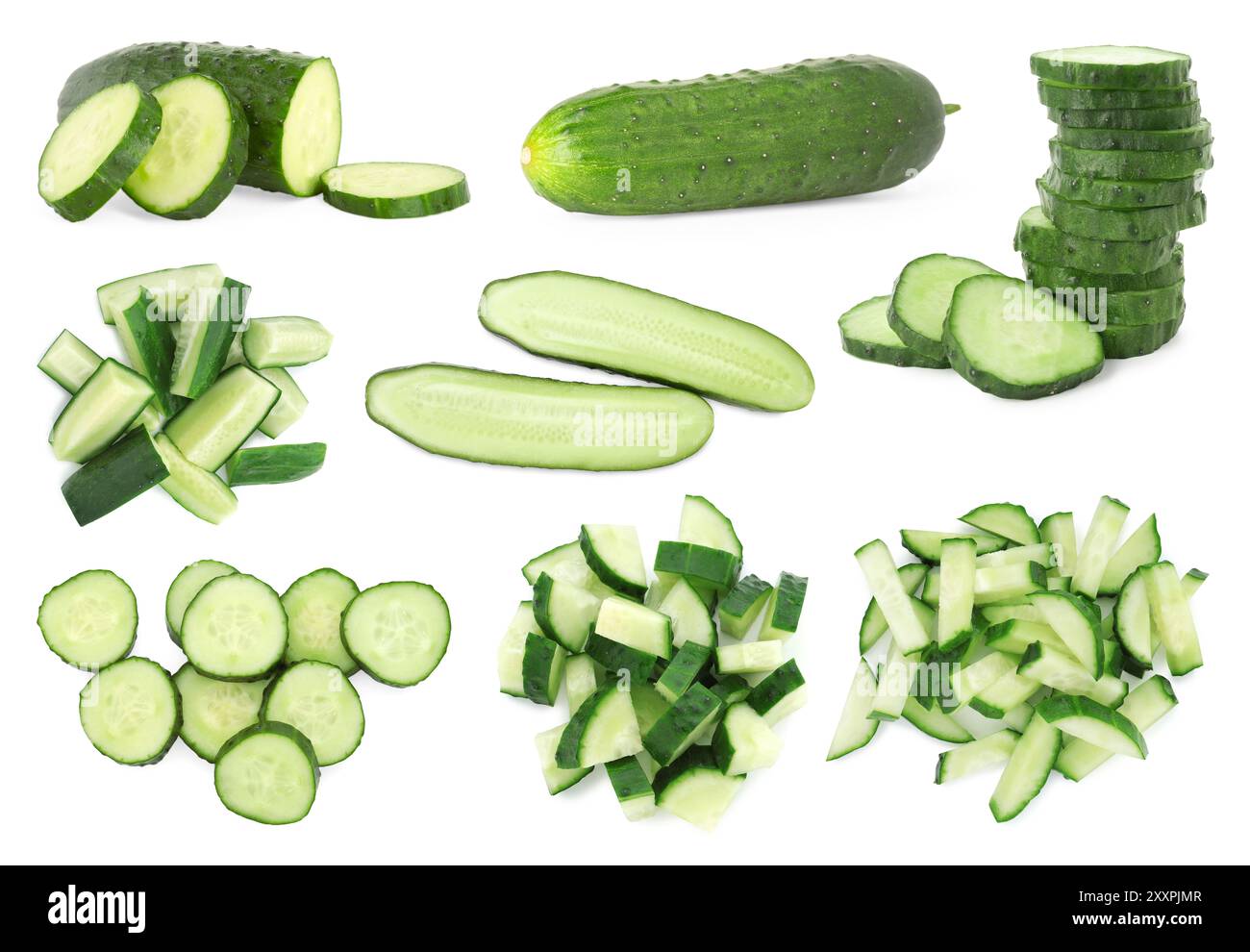 Fresh cucumbers isolated on white, collage. Different types of cuts ...