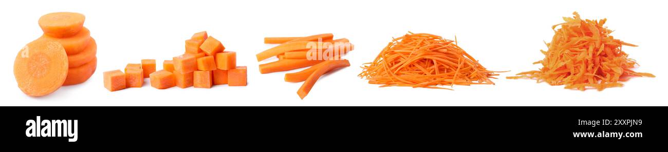 Fresh carrots isolated on white, collage. Different types of cuts Stock ...