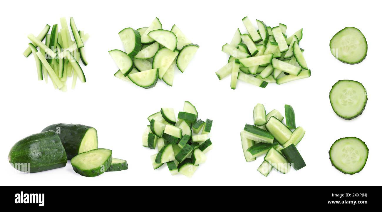 Fresh cucumbers isolated on white, collage. Different types of cuts ...